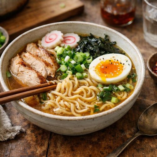 Ramen poulet maison : bouillon riche, nouilles & œuf parfait